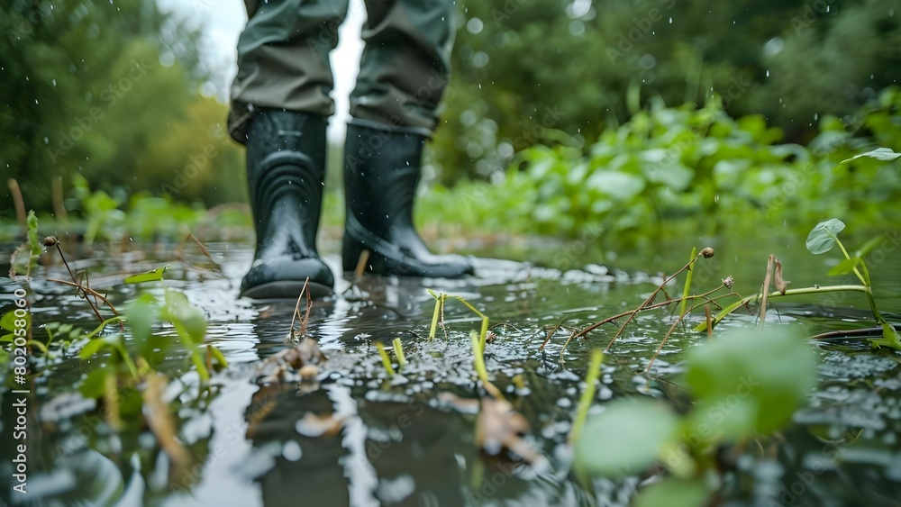 Farmer in flooded field wearing rubber boots to boost crop yield ...