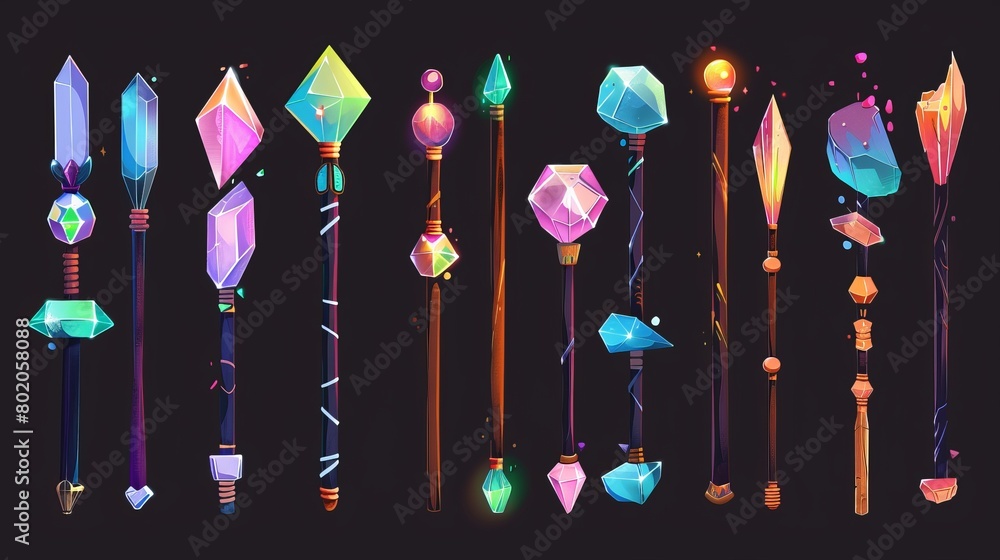 Cartoon illustration of magic staff, wands or walk sticks with glowing ...