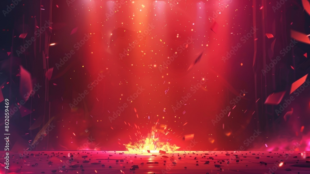 Modern illustration of empty stage with red spotlight, falling fire ...