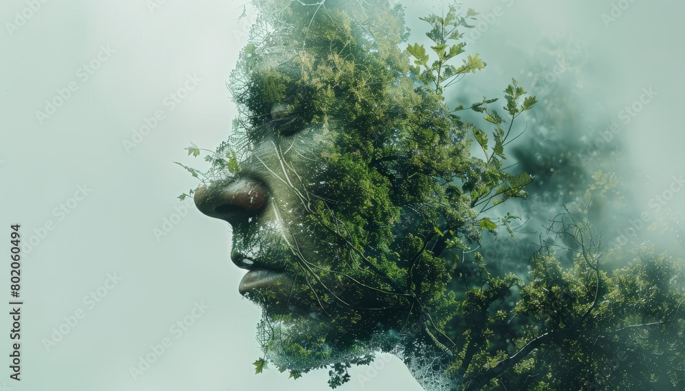 Double exposure combines a male face and a branching tree with green ...