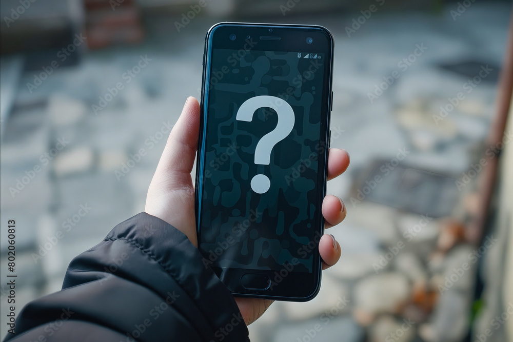 A hand holding a cell phone with a question mark on it. The phone is ...
