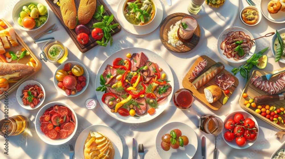 Full table of delicious Dinner party table European foods and drinks ...