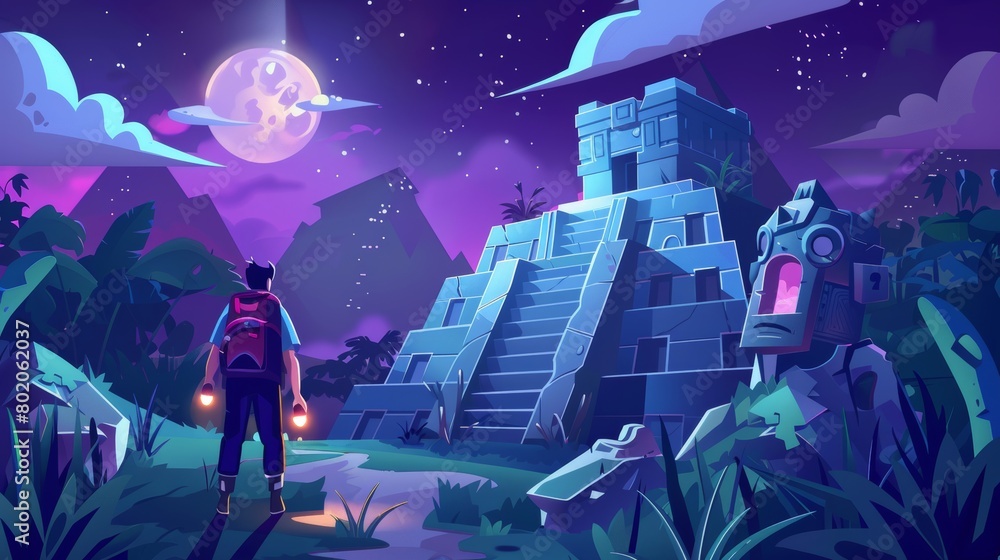 An Aztec city at night with pyramids and statues. Tourists visit Mayan ...
