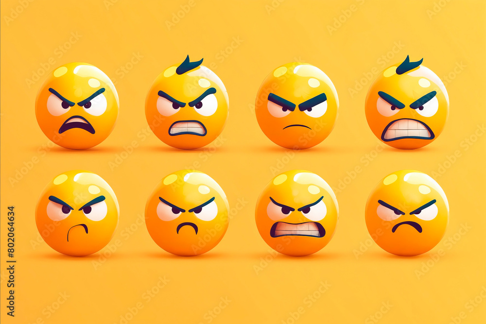 A series of angry faces are shown in a row. The faces are all different ...