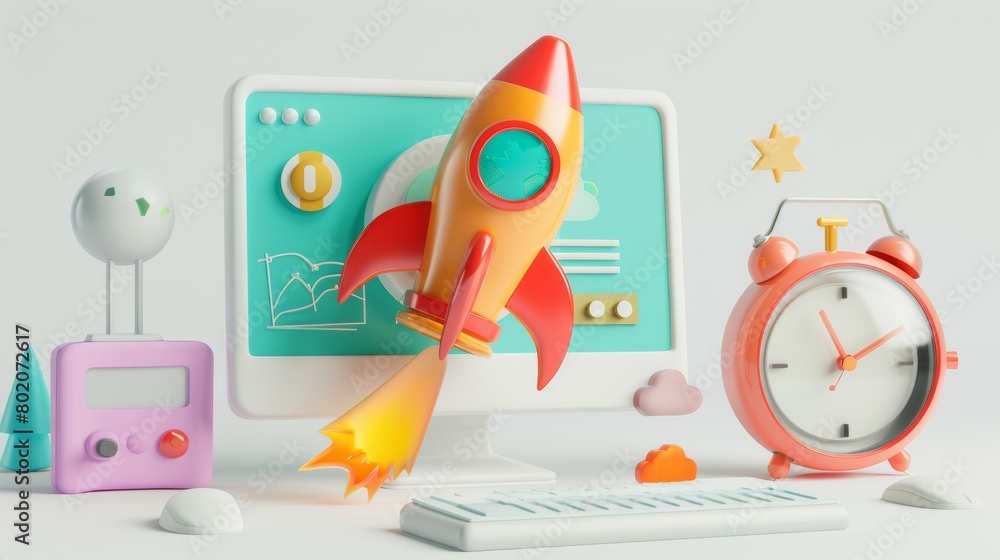 Isolated 3D illustration of desktop computer with web page, speedometer ...