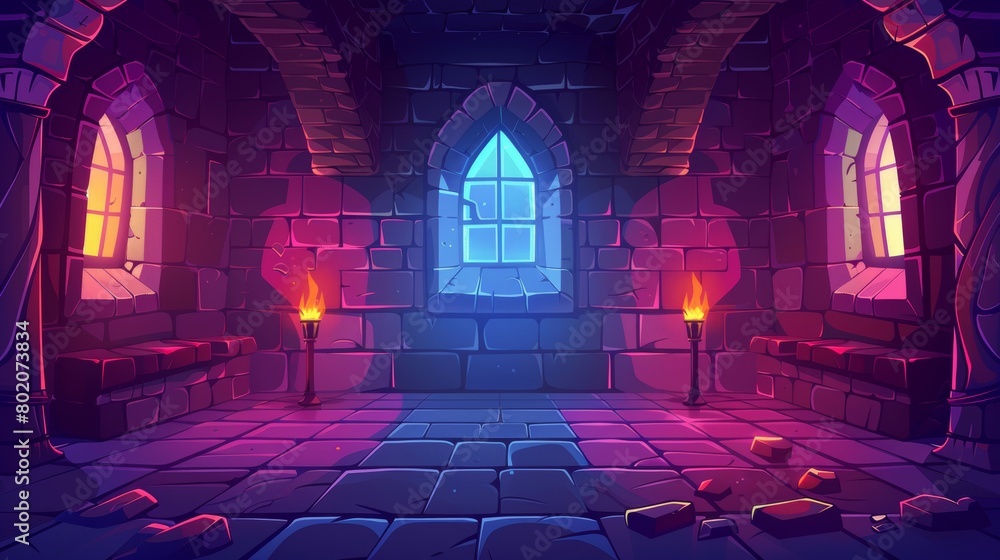 Animated cartoon illustration depicting an interior of a castle dungeon ...
