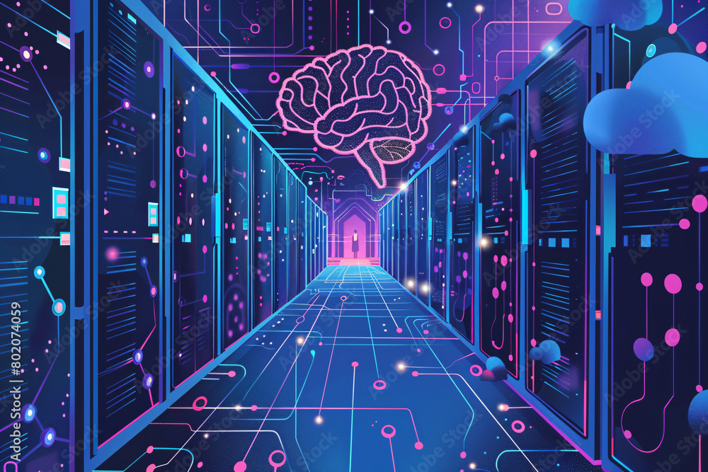 An illustration of a cloud server with network nodes connected by a ...