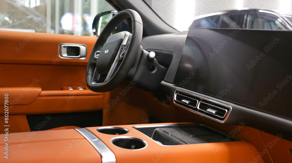 Interior of a car detail SUV Lixiang L9 luxury. Dashboard, steering ...