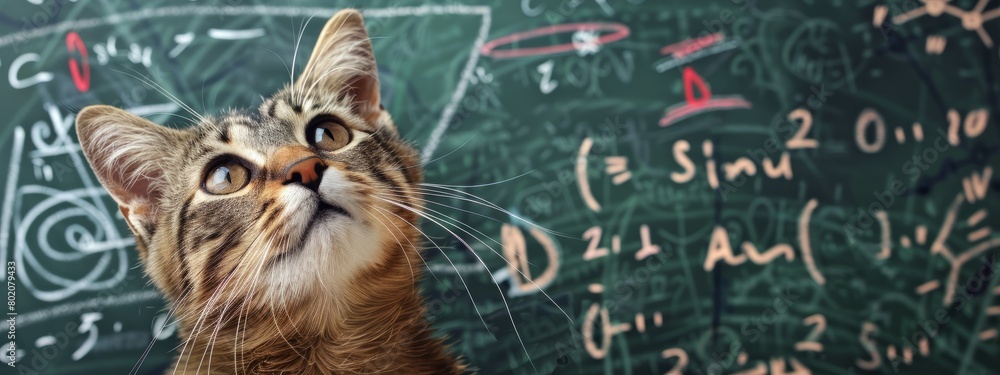 Curious Cat in Front of Math Chalkboard An inquisitive tabby cat gazes ...