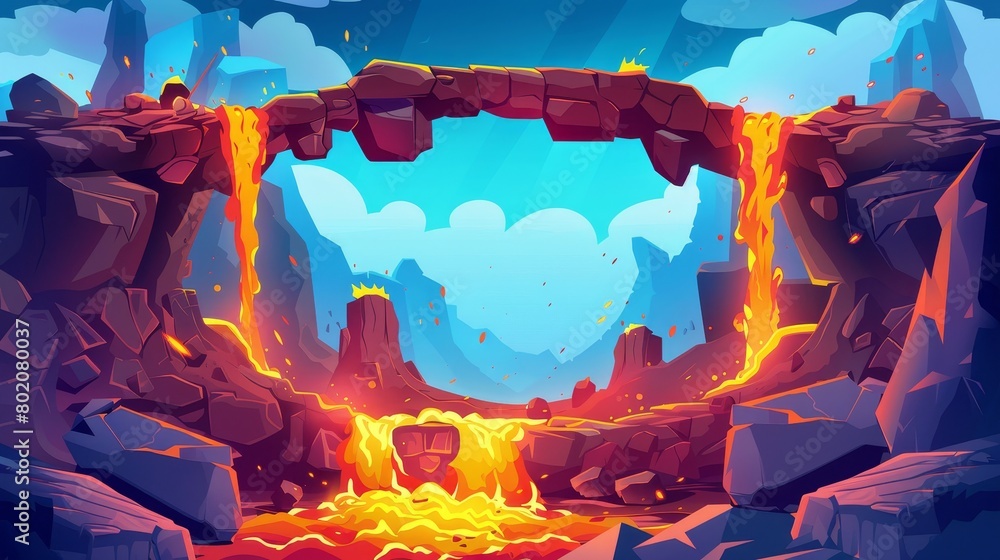 This modern illustration depicts a cartoon volcano cave with lava ...