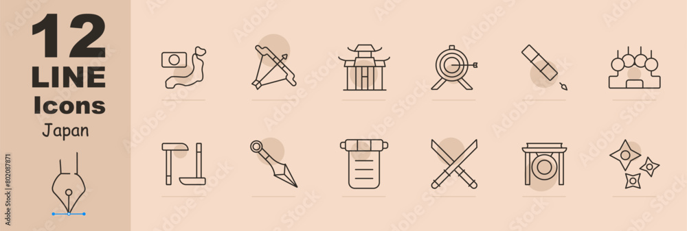 Japan set icon. Flag, country, island, map, bow, temple, Japanese ...