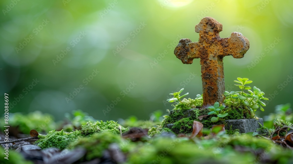 Tranquil catholic cemetery solemn beauty with grave marker and cross in ...