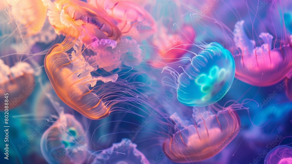 colorful many jellyfish in and environment of streaks of light and ...