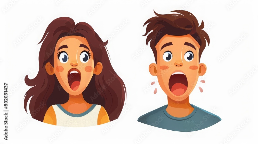 Set of amazed, surprised young people Young man and woman with open ...