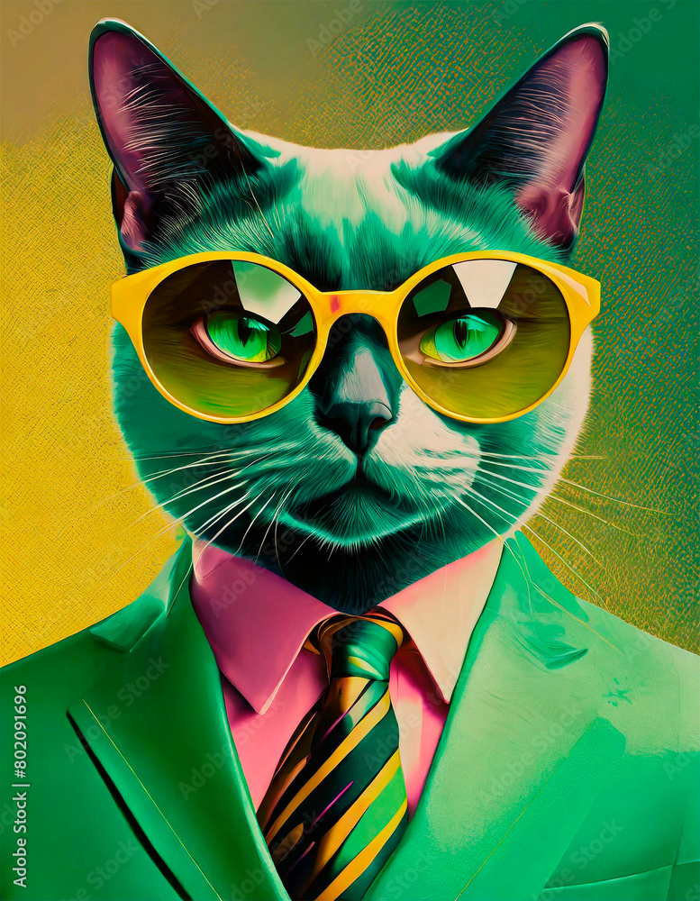 Digital illustration of an urban cat wearing a green suit and ...