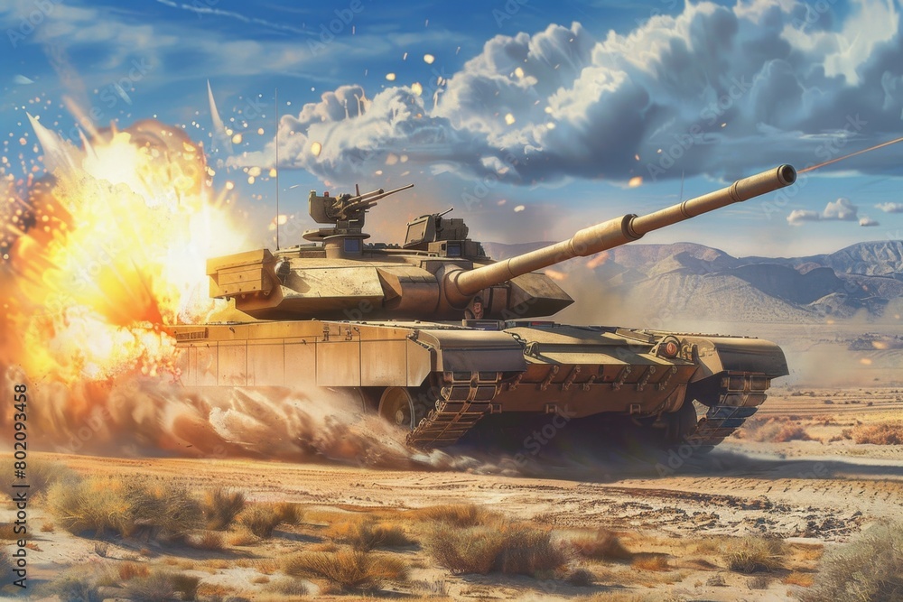 A hyper-realistic illustration of an Military tank M1 Abrams firing its ...