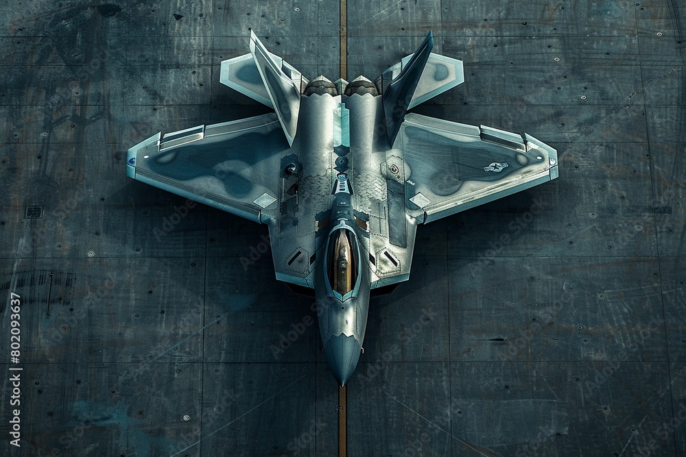 An impressive overhead view of an F22 fighter jet, showcasing its dark ...