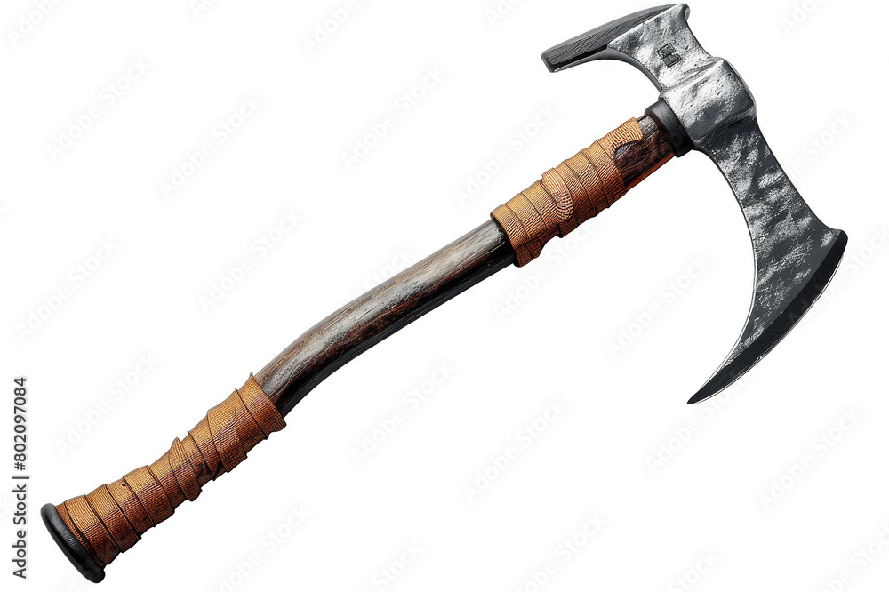 Handmade hatchet with a carved handle and curved lines on a transparent ...