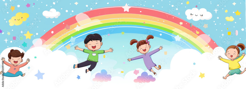 Cute cartoon style drawing of happy children jumping in front of the ...