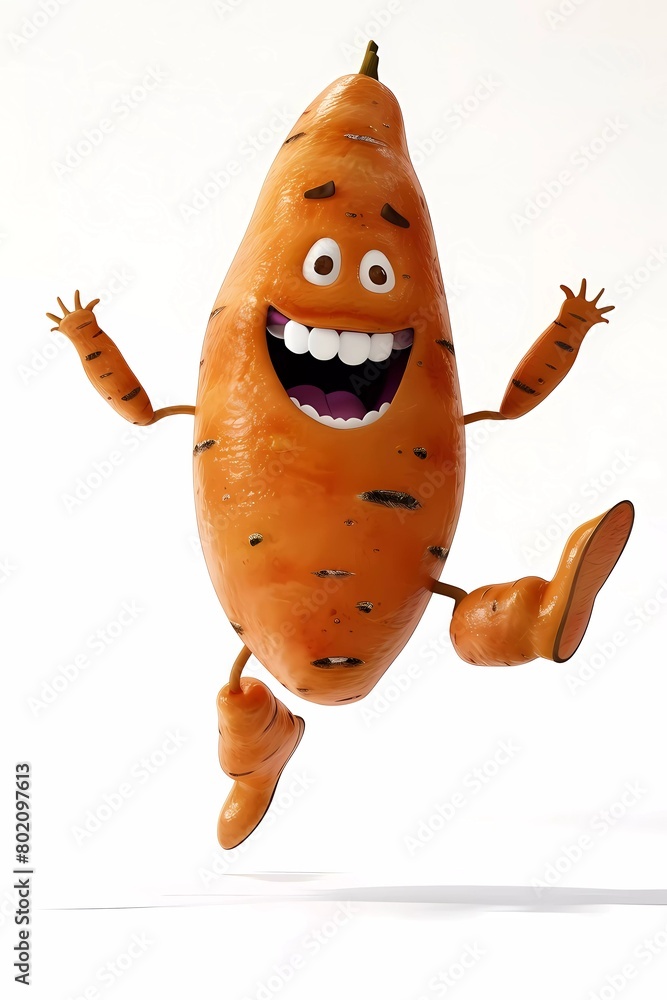 sweet potato cartoon character with stylized jumping into the air, 3d ...
