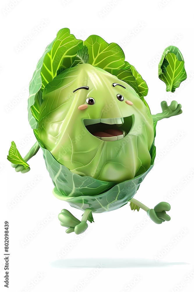 cabbage cartoon character with stylized jumping into the air, 3d ...
