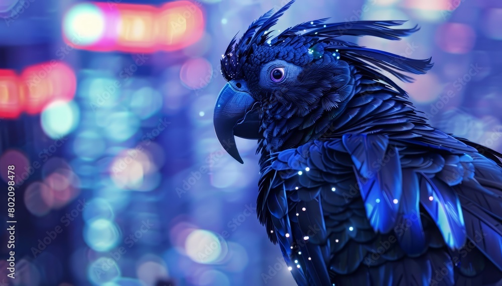 A closeup cyber concept features an uncommon, technologyinfused parrot ...