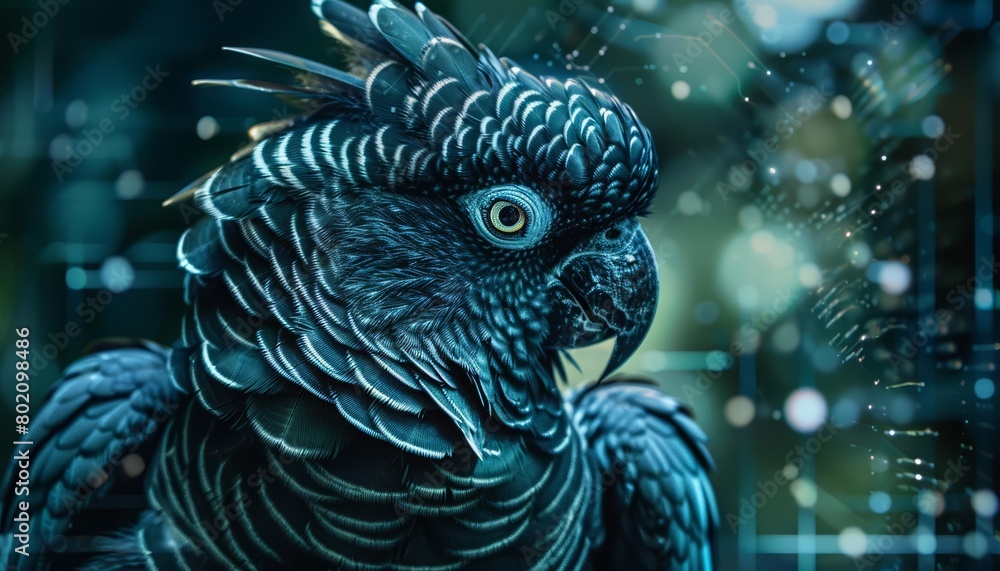 A closeup cyber concept features an uncommon, technologyinfused parrot ...