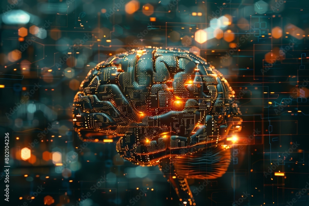 This image portrays a miraculous closeup cyber concept of a human brain ...