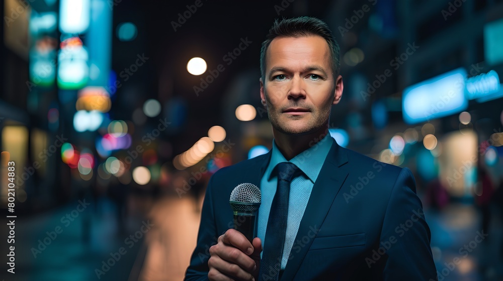 Confident male news reporter on urban street at night. Broadcast ...