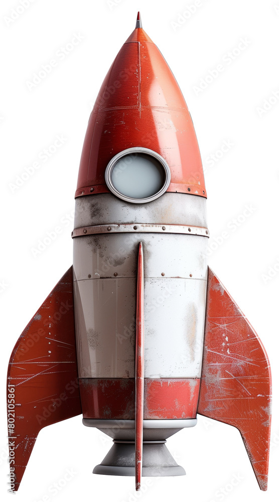 Vintage red and white rocket standing against a white background. Stock ...