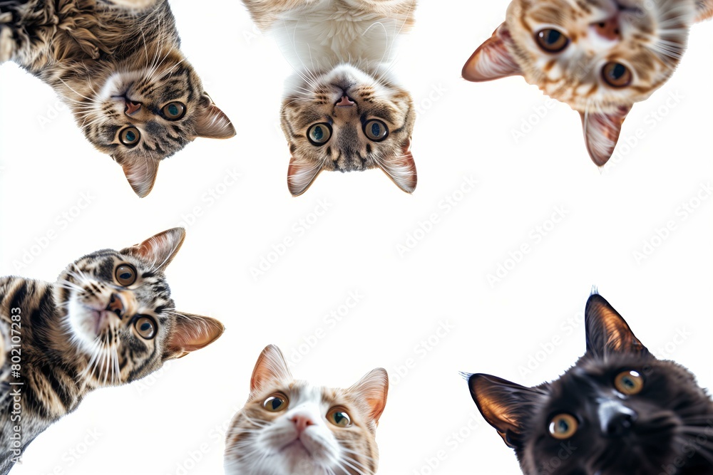 group of curious cats look down, bottom view, isolated on white ...