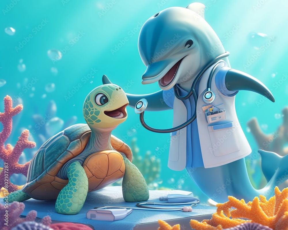 Animated dolphin nurse using a stethoscope on a smiling turtle patient ...