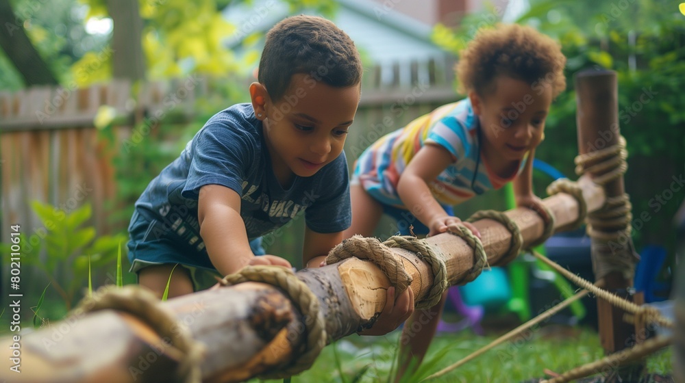 Siblings working together to create a homemade obstacle course in the ...
