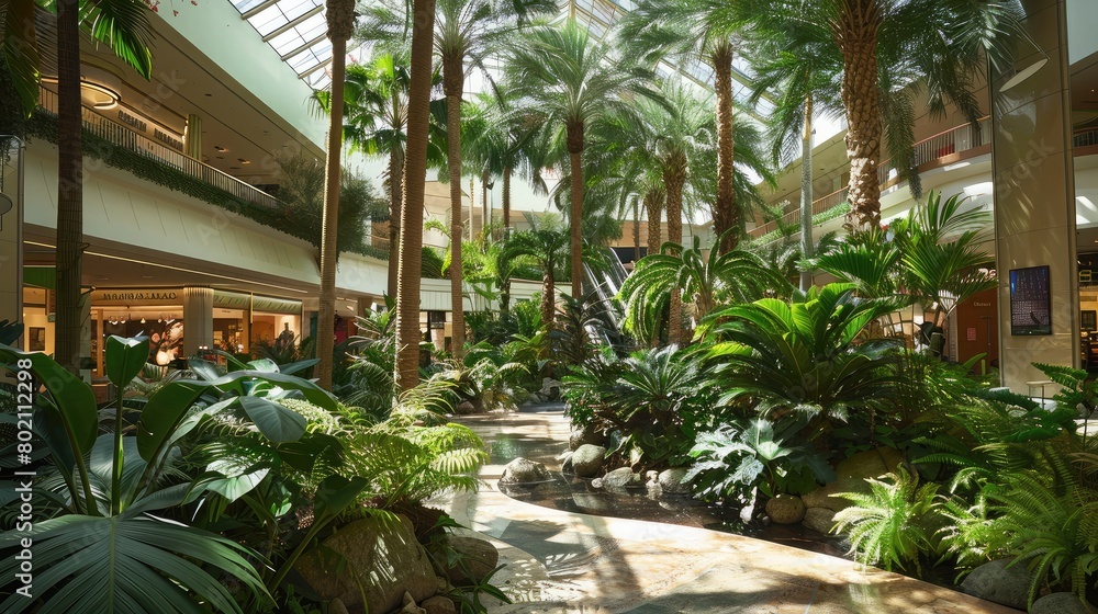 Mall atrium featuring a botanical garden with a variety of trees, palms ...