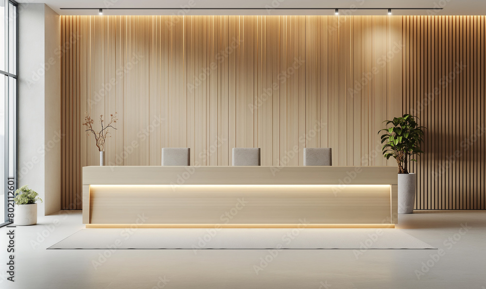 A front desk in the waiting room of an office building made from light ...