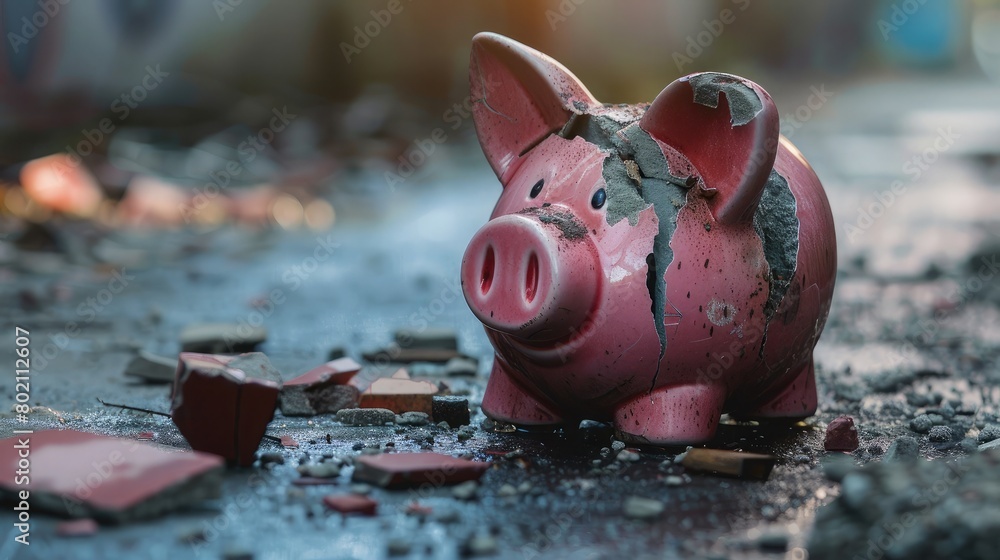 Pieces of a broken piggy bank scattered on the ground, representing ...