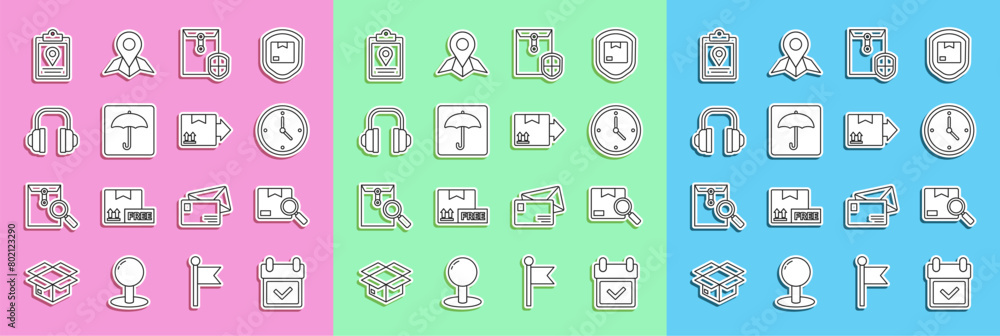 Set line Calendar with check mark, Search package, Fast time delivery, Envelope shield, Umbrella ...