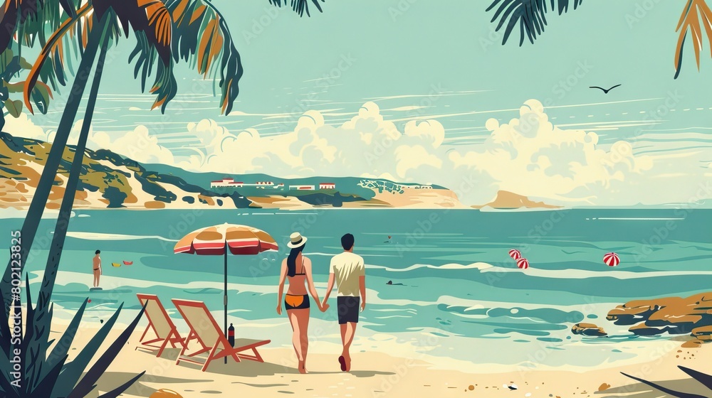 cartoon tourists splashing in the water and sunbathing under the summer ...