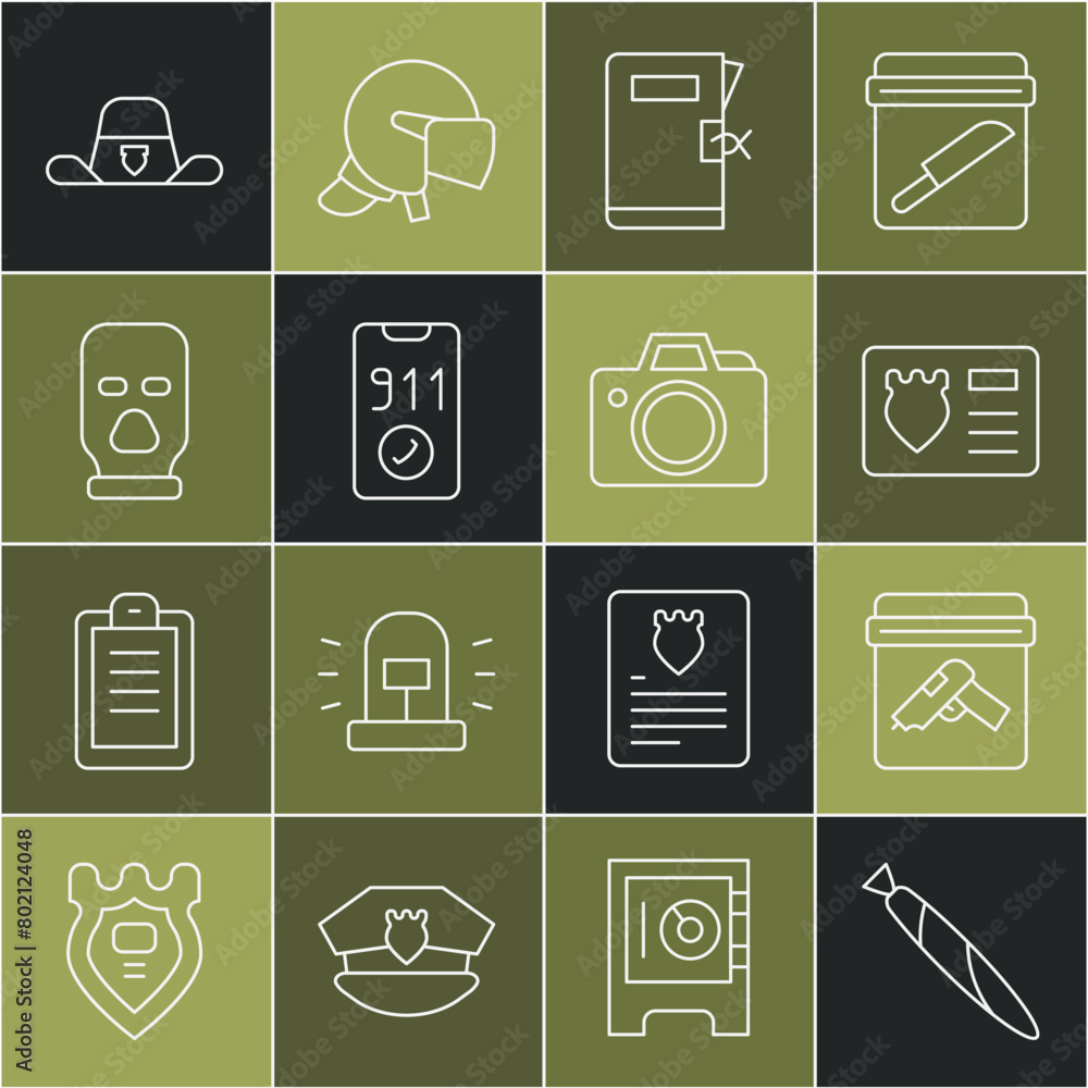 Set line Marijuana joint, Evidence bag with gun, Police badge case ...