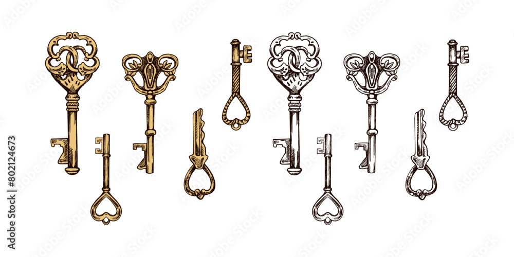 Hand-drawn colored and outline sketch set of vintage decorative keys ...