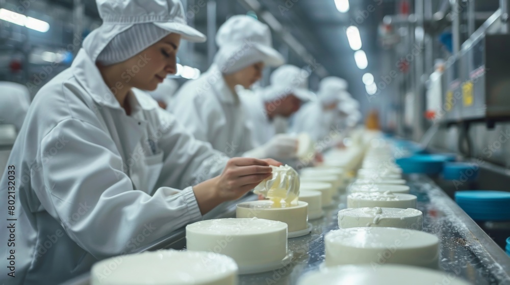 workers packaging freshly processed dairy products and labeling them ...