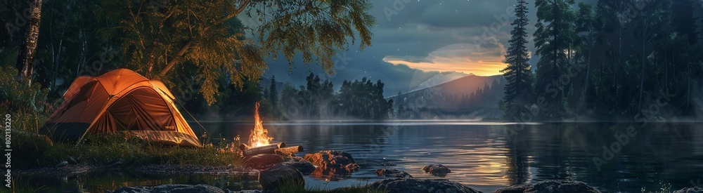 Riverside camping scene at sunset, a tent pitched by a serene lake ...