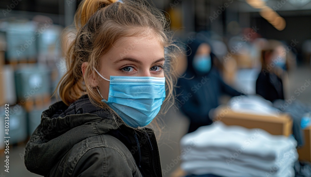 Homeless care concept. Young volunteers in medical face masks sorting ...