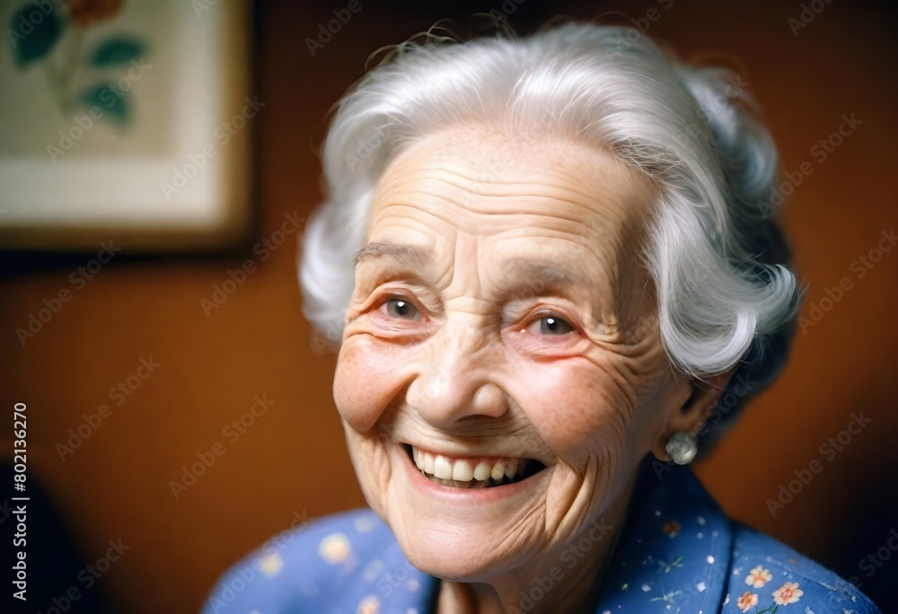 Old lady with white hair and a big smile in an indoor setting. Stock ...