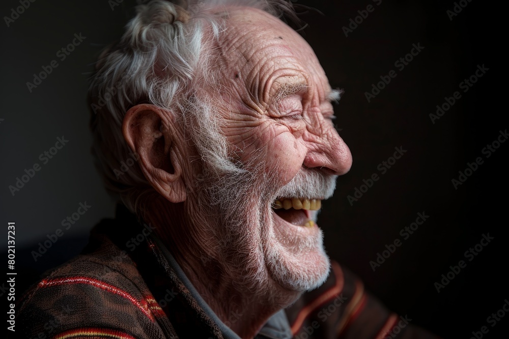 A profile of an old man with a genuine smile and soft light on his face ...