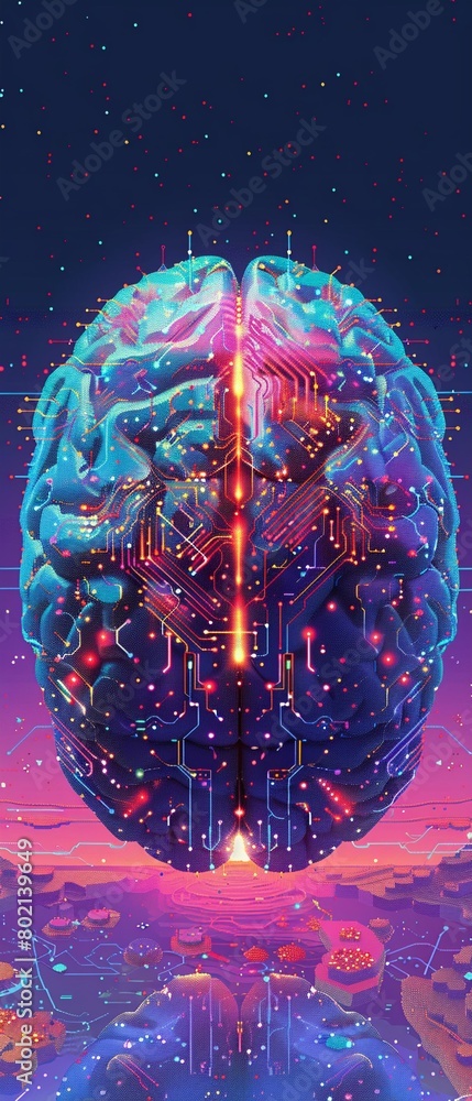 Pixel art visualization of a brain fully integrated with digital ...