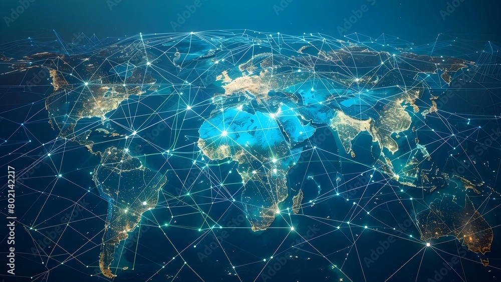 World map showing interconnected flight routes in a global business ...