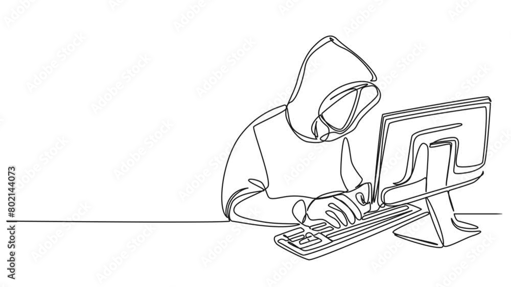 animated continuous single line drawing of computer hacker stereotype ...