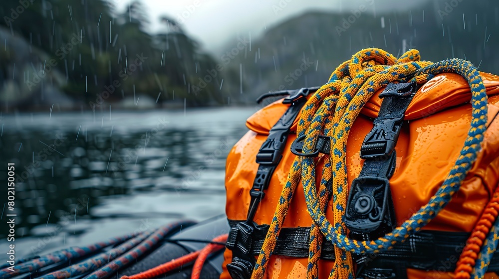 Water rescue gear laid out, life vest and rope, close up, preparation ...