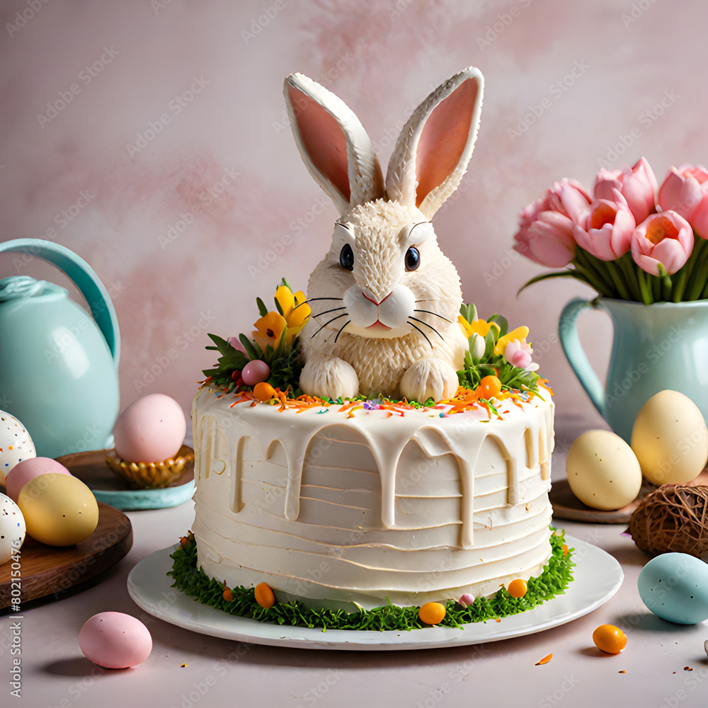 Easter poster and banner template with rabbit cake on light background ...